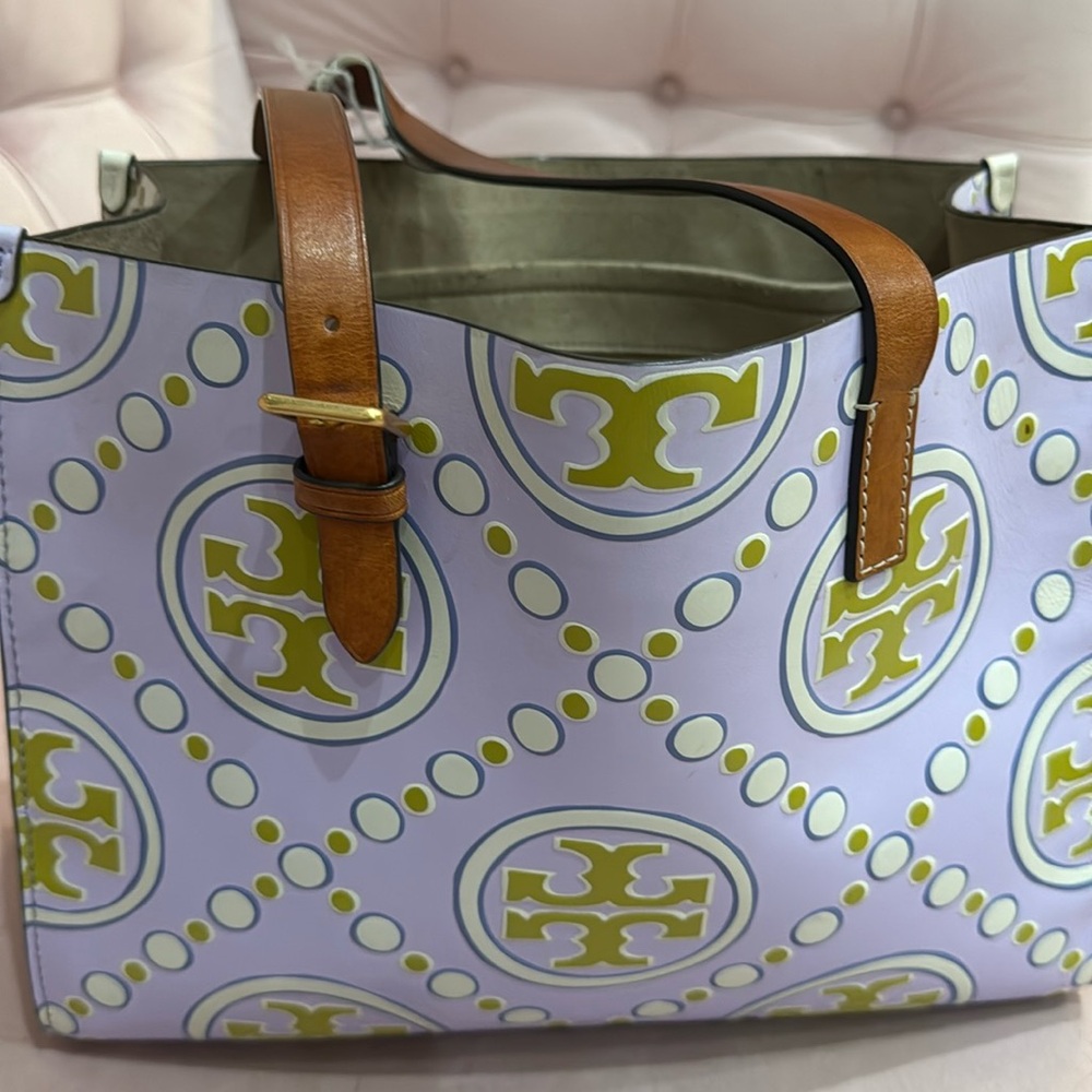 Tory Burch T Monogram Tote In Rare Lavender And Beige - Gem